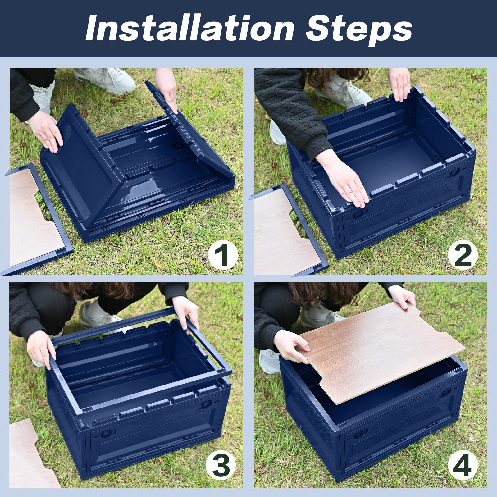 VOOVY Outdoor Camping Storage Case with Wooden Lid, Heavy Duty Folding Storage Box Large Foldable Plastic Storage Bins, for Outdoor Camping Picnic Indoor Home Room Closet(Navy Blue)