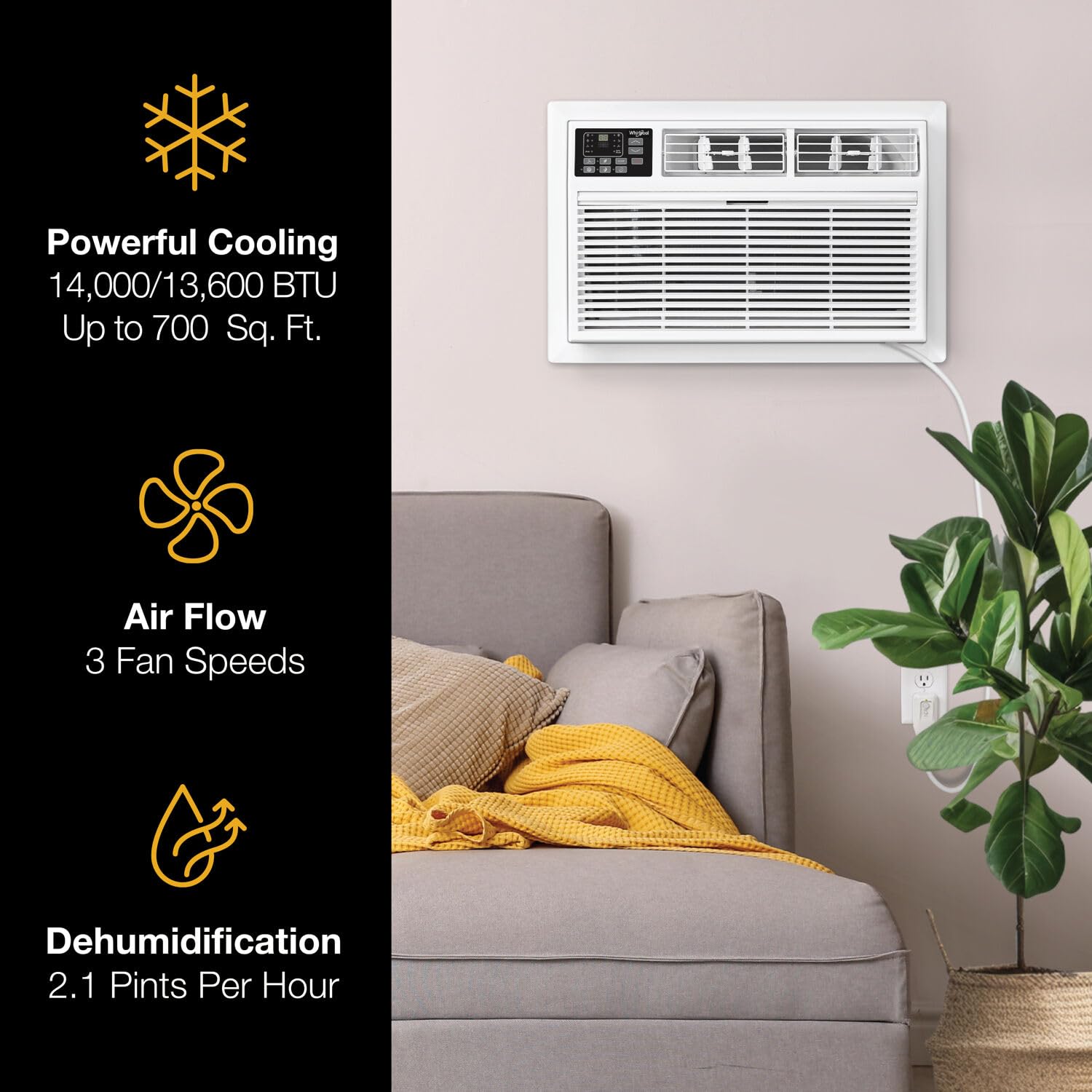 Whirlpool 14,000 BTU 230V Through-the-Wall Air Conditioner for Rooms up to 700 Sq. Ft. and Dehumidifier up to 2.1 pints/hour with Remote Control, Digital Display, and 24H Timer