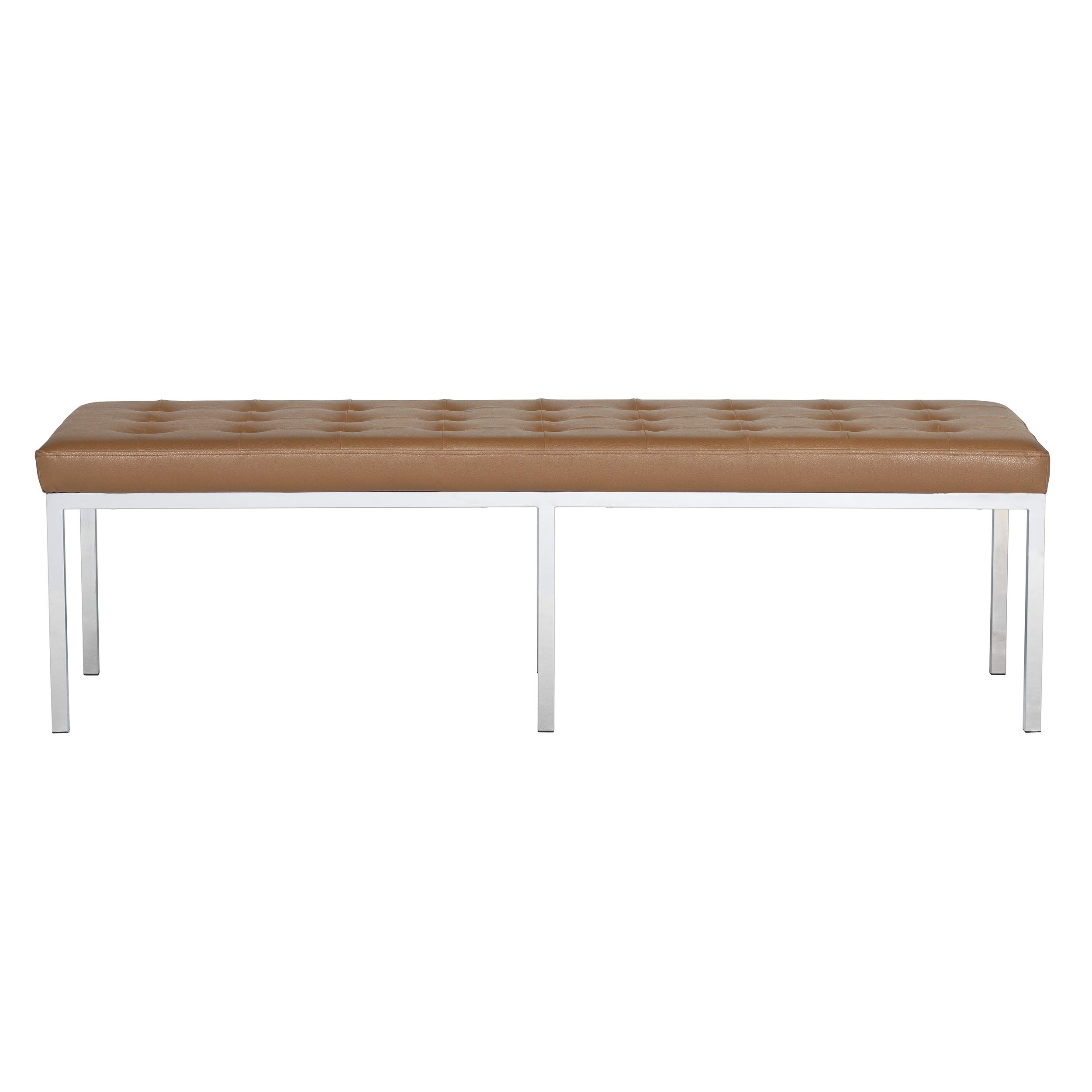 Studio Designs Home 60" Wide Lintel Tufted Bench/Ottoman in Caramel Brown Bonded Leather and Chrome Metal