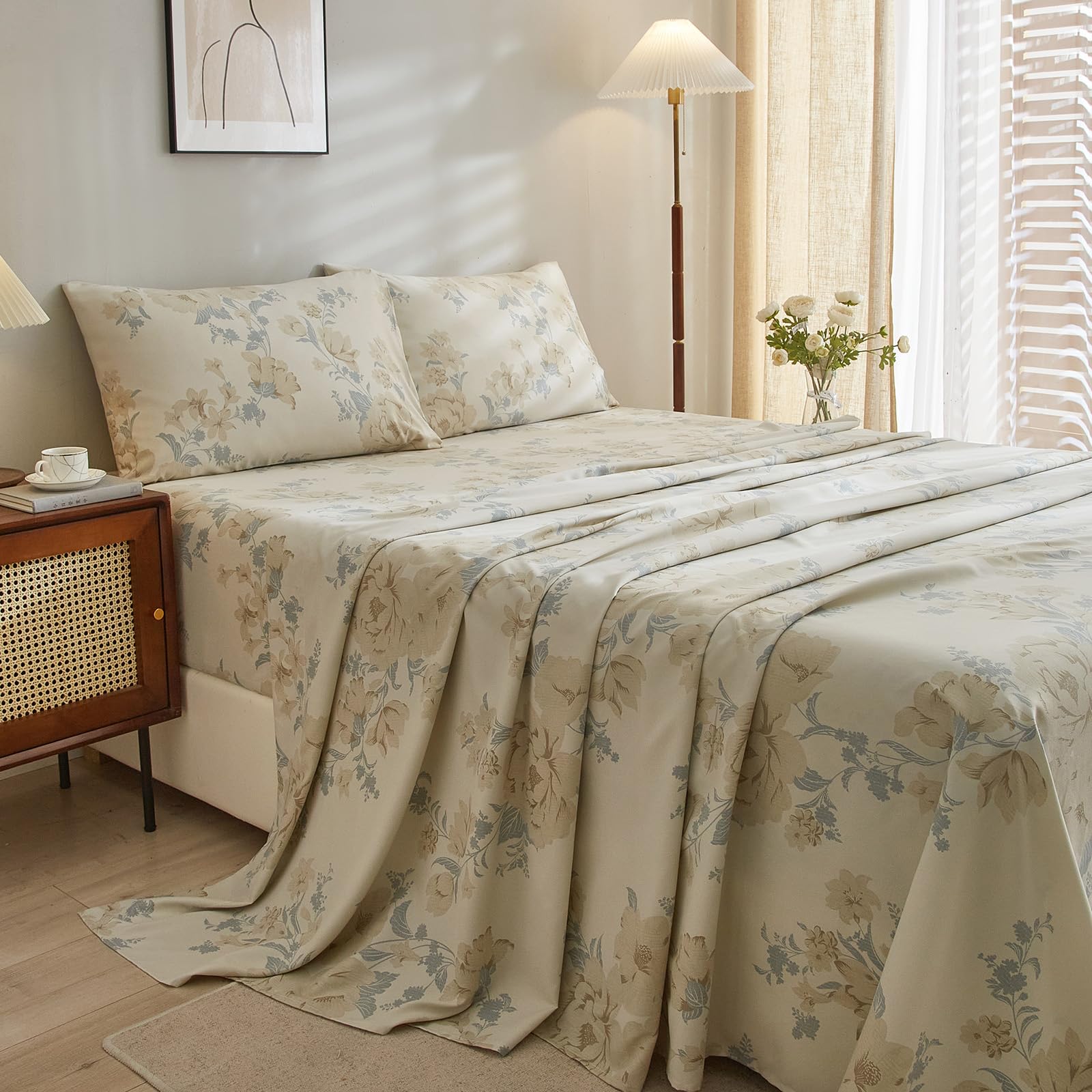 VClife Modern Floral Sheets Full Size Bedding Sets Khaki Taupe Beige Blueish Gray Floral Printed Sheets with 16" Extra Deep Pocket, 4 pcs Washed Microfiber Sheet Sets, Fade Resistant
