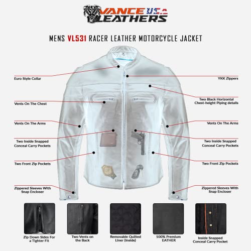Vance Leather's Men's Premium Leather Motorcycle Racer Jacket with Vents Reflective Piping and CCW Pockets (2XL)