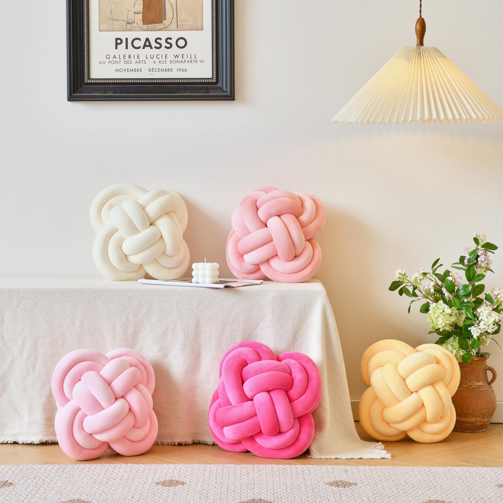 Xuyier Knot Pillow Ball, Decorative Throw Pillows with Velvet Fabric for Couch Bed, 12" Decor Knotted Square Floor Pillow Cushions for Living Room (12 Inches, Ivory White)