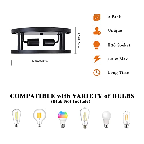 UPSEED 2 Pack Industrial Ceiling Light, 2-Lights Hallway Ceiling Light Fixtures, E26 Base Anti-Corrosion Black Flush Mount Ceiling Light for Hallway Kitchen Dinning Room Laundry Room …