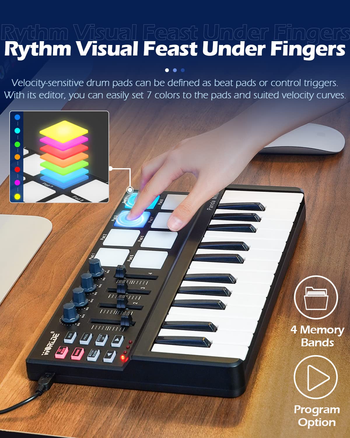 Vangoa MIDI Keyboard Controller 25 Keys, Worlde Panda MINI USB Midi Keyboard with Drum Pads, Beat Maker Machine Pad, Black