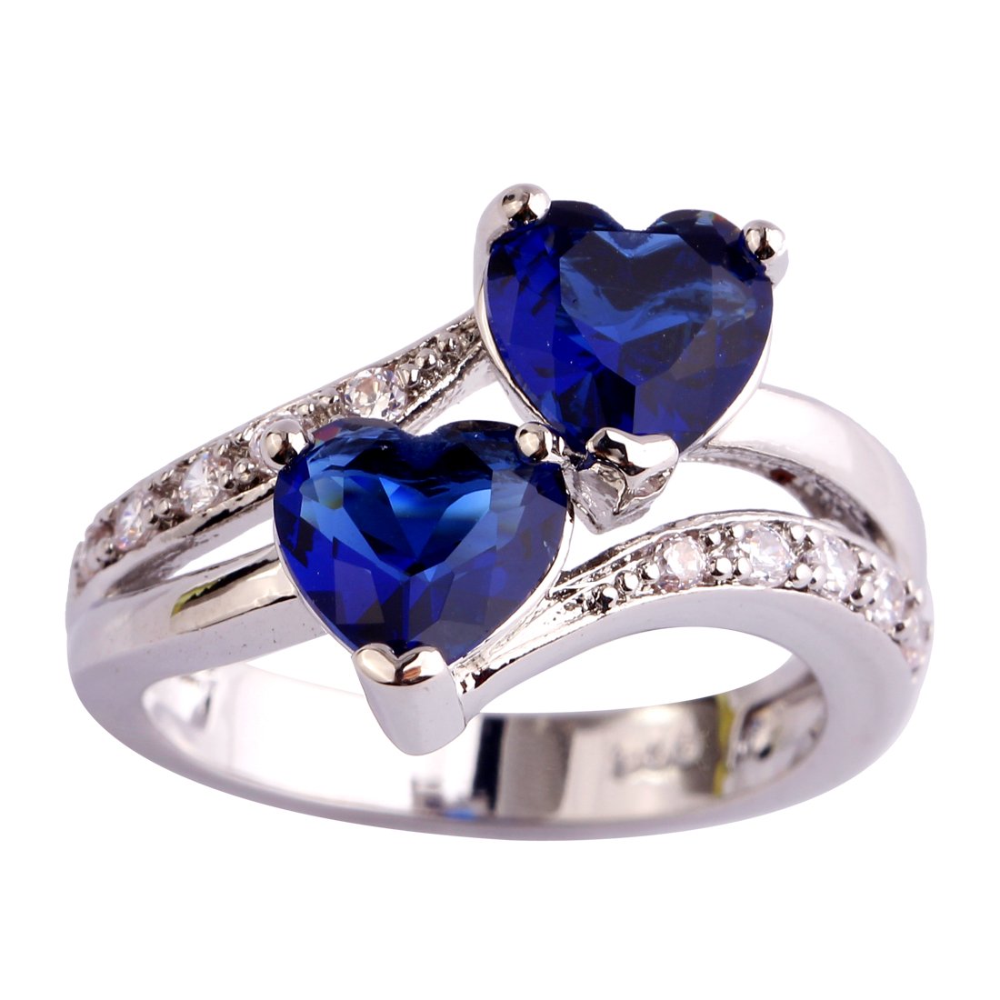Veunora Eternity Love Silver Plated Created Sapphire Quartz Cubic Zirconia Filled Double Heart Twisted 2-Stones Women Ring Size 7
