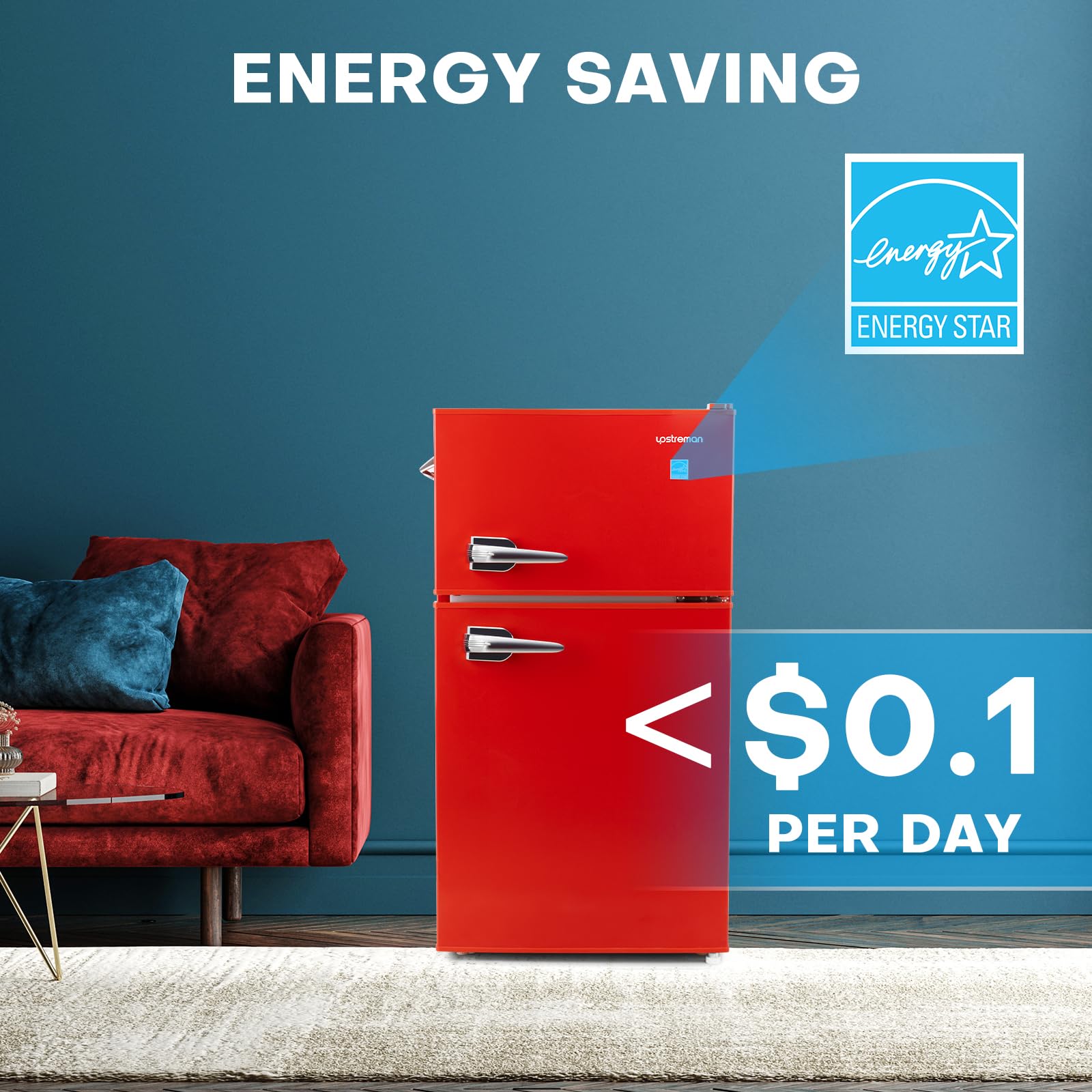 Upstreman 3.1 Cu Ft Retro Refrigerator, Double door mini Fridge with Freezer for Bedroom, Adjustable Thermostat, Side Bottle Opener, Small Fridge for Office, Bedroom, Dorm, Bar, Red-CD30