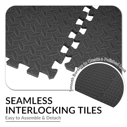Signature Fitness Puzzle Exercise Mat with EVA Foam Interlocking Tiles, Black, 1/2β Thick, 12 Tiles, 48 Sq Ft
