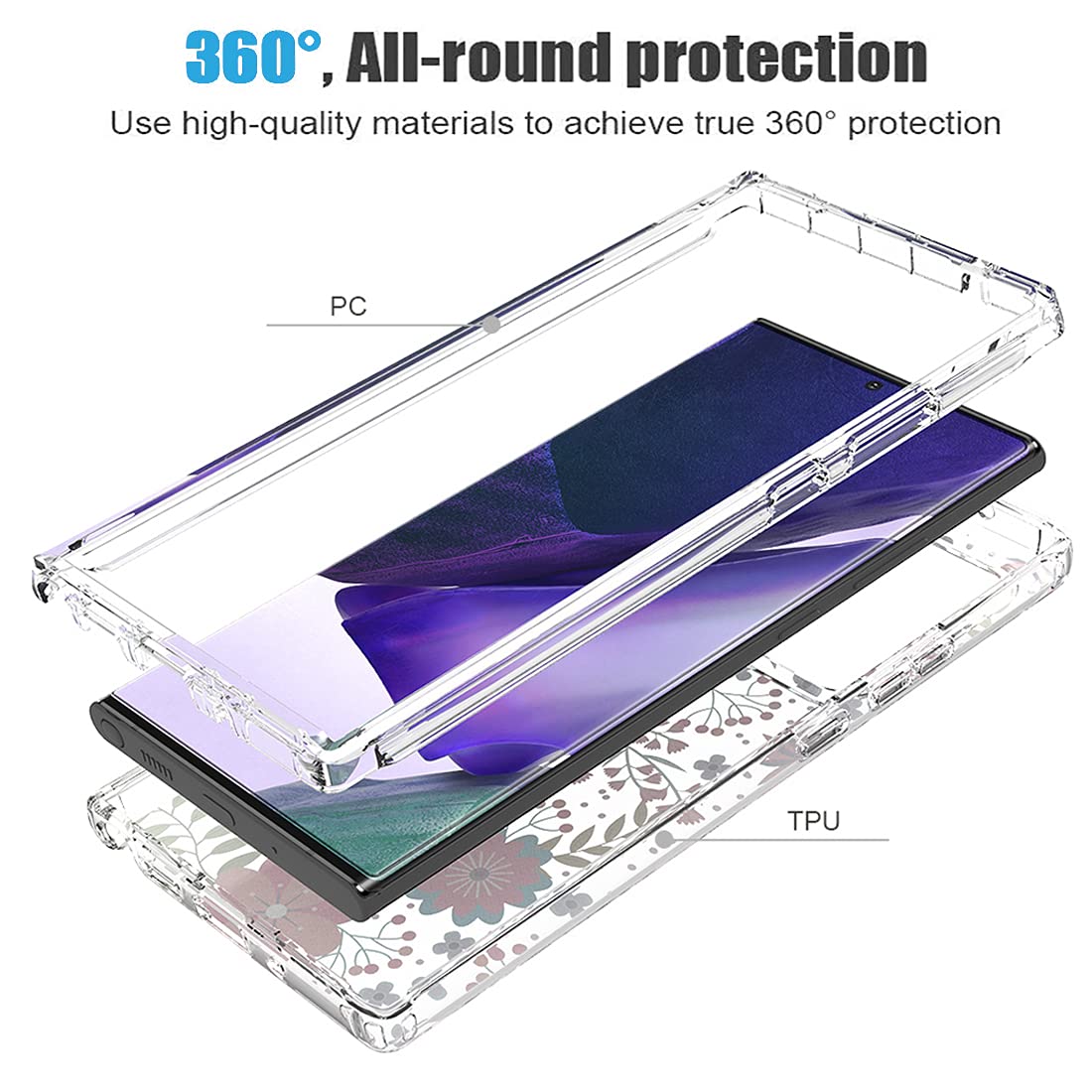 Zoeirc Case for Galaxy Note 20 Ultra 5G, Samsung Note 20 Ultra Clear Case, TPU 360 Full Body Shockproof Hybrid Bumper Crystal Clear Phone Case Cover for Samsung Galaxy Note 20 Ultra (Floral Prints)
