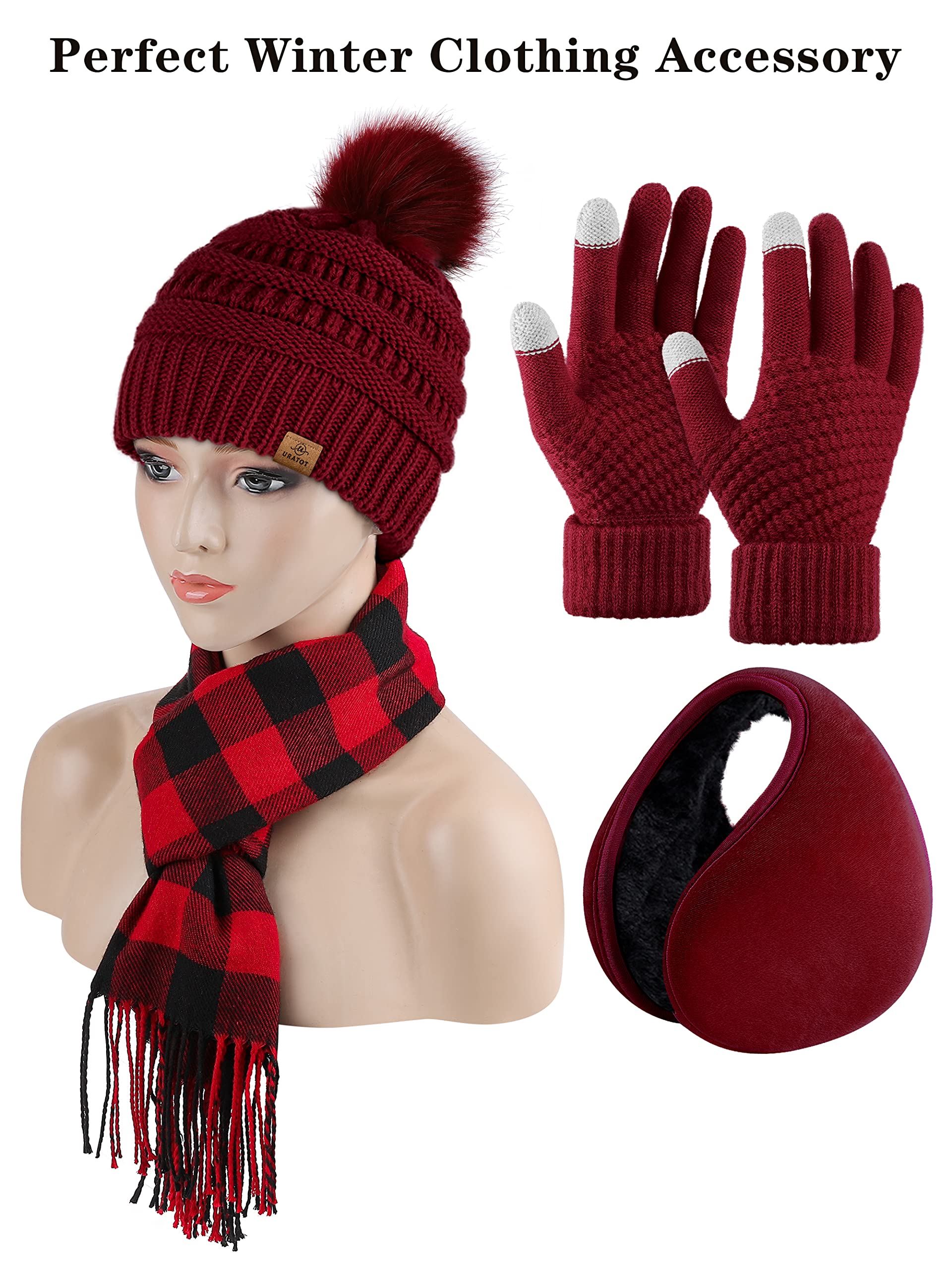 URATOT Beanie Hat Scarf Gloves 4 in 1 Winter Set Knitted Scarf Hat Touch Screen Gloves and Winter Ear Warmer for Unisex