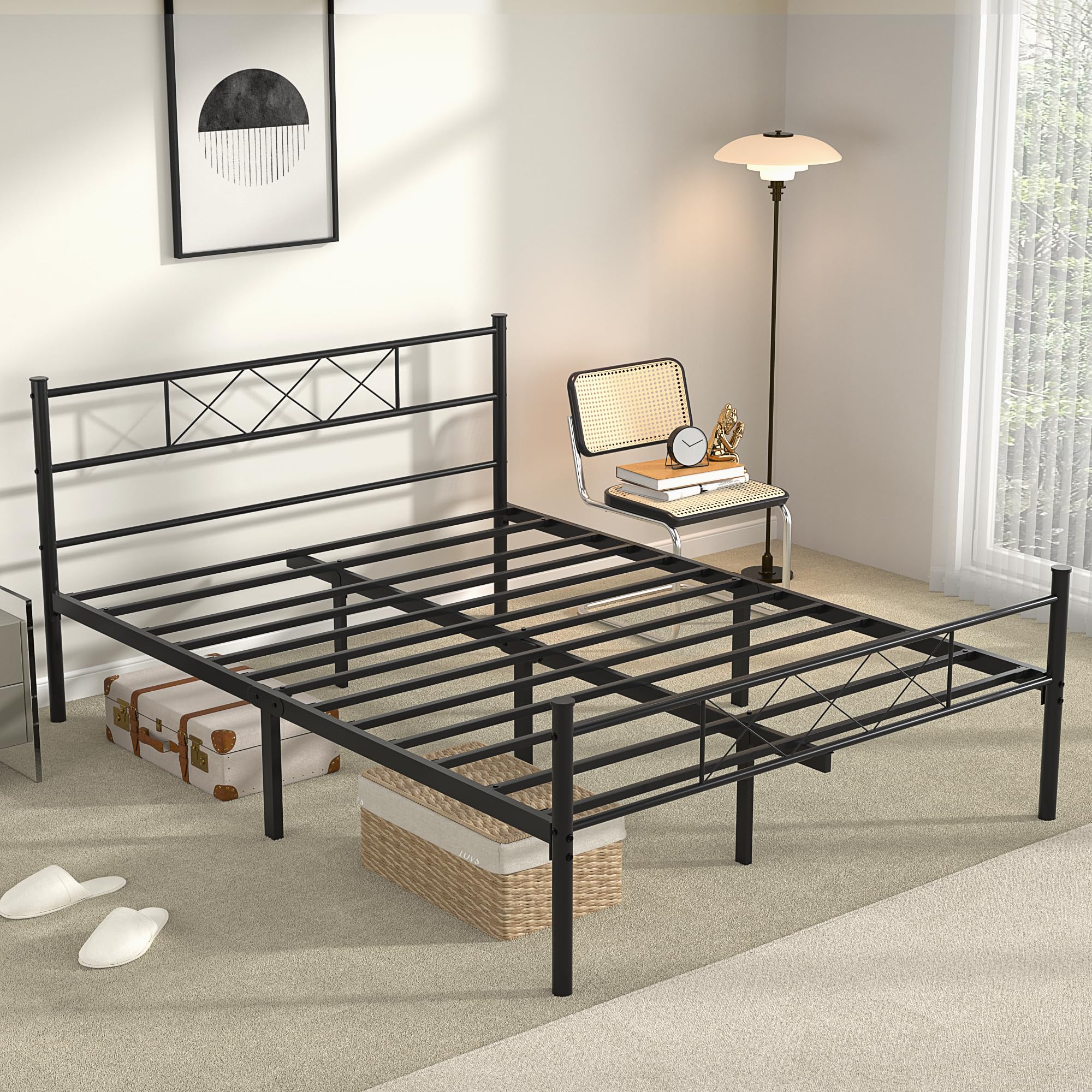 VECELO Queen Size Bed Frame with Headboard, Heavy-Duty Platform/Mattress Foundation with Metal Slats Support, No Box Spring Needed/Easy Assembly, Matte Black