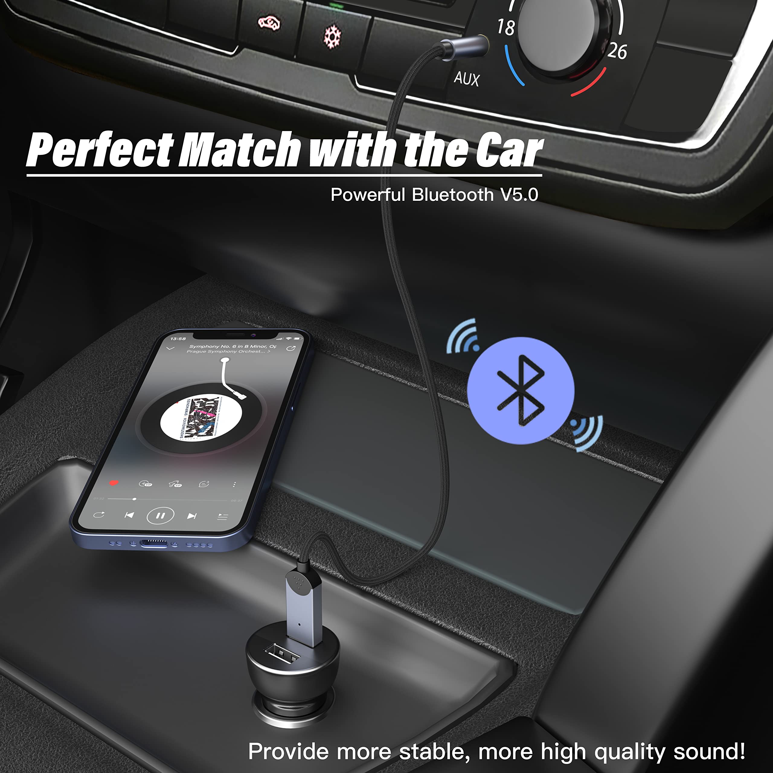 sunshot Bluetooth 5.0 Car Receiver, USB DAC Aux to Bluetooth Adapter with Built-in Microphone for Hands-Free Calls and Auto On Function, Compatible with Car Stereos & Home Audio - Upgrade Your Sound!