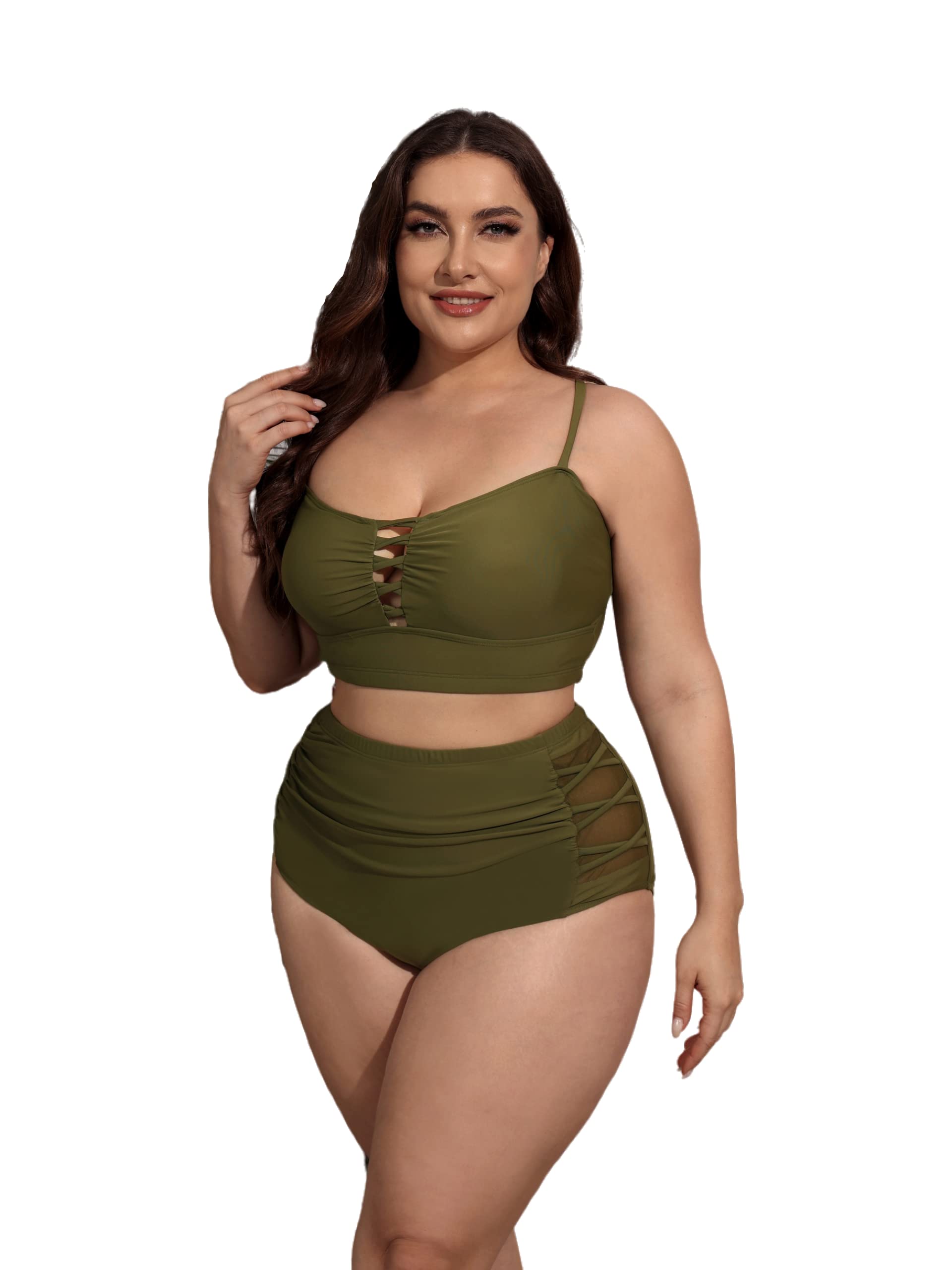 Yomoko Women's Plus Size High Waist Bandage Bikini Sets Chic Swimsuit Retro Bathing Suit L ArmyGreen