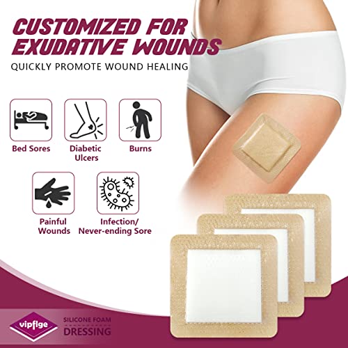 Silicone Foam Dressing with Gentle Adhesive Border 4'' x 4'' 10 Pack, High Absorbency Foam Wound Bandage for Bed Sore, Pressure Ulcer, Diabetic Foot Ulcer, Leg Ulcer