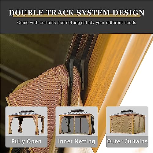 UBGO 10x12FT Hardtop Gazebo,Outdoor Permanent Metal Pavilion,Wooden Coated Aluminum Frame Canopy with Galvanized Steel Double Roof,Gazebo with Curtains and Netting for Patio, Deck and Lawn