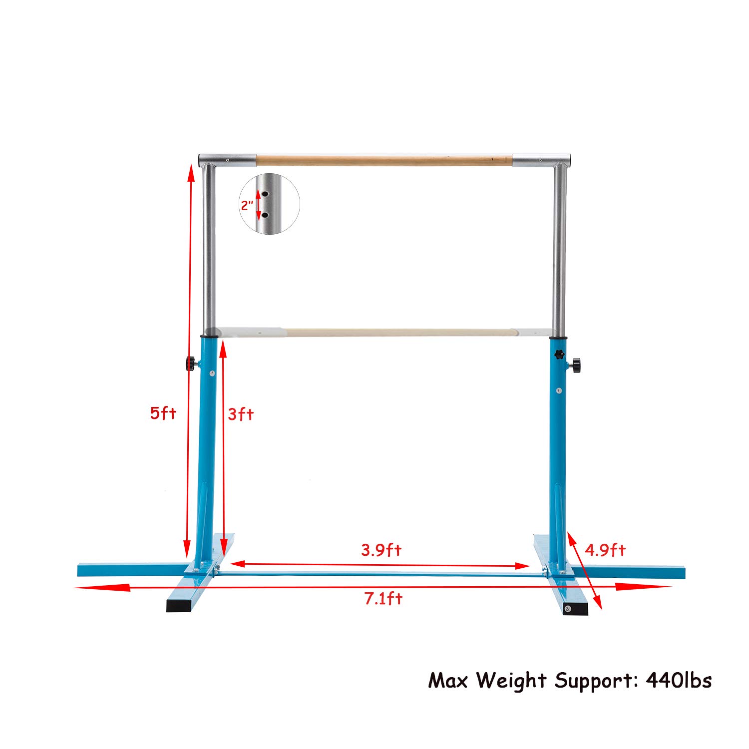 Usexport Blue Adjustable 3' to 5' Horizontal Bar Gymnastics Expandable Junior Training Bar