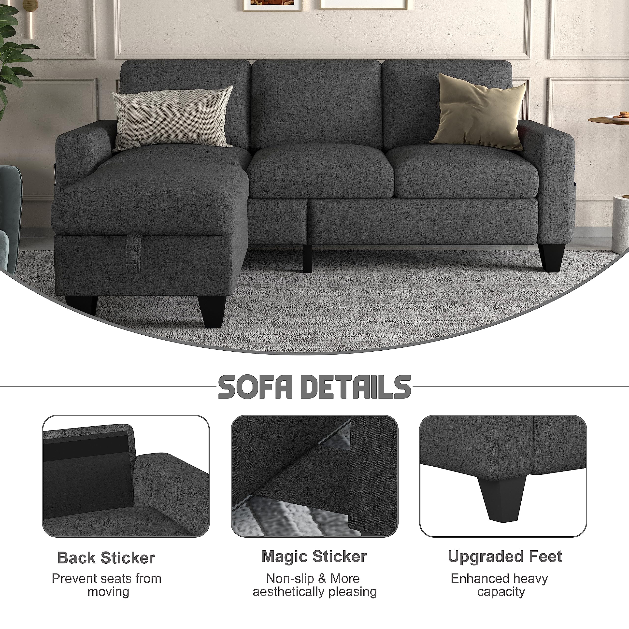 ZeeFu Convertible Sectional Sofa Couch,Dark Grey Linen Fabric Modern 3Seat L Shaped Upholstered Sofa Couch Set with Storage Reversible Ottoman and Pockets for Living Room Small Space Apartment