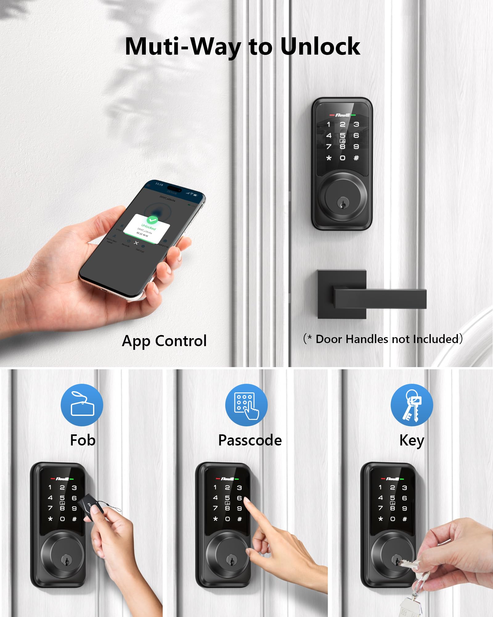 Zowill Smart Lock - Keyless Entry Door Lock with APP Control, Touchscreen Keypad Electronic Digital Lock, Auto-Lock, Easy Installation, Smart Deadbolt Lock for Front Door - Matte Black