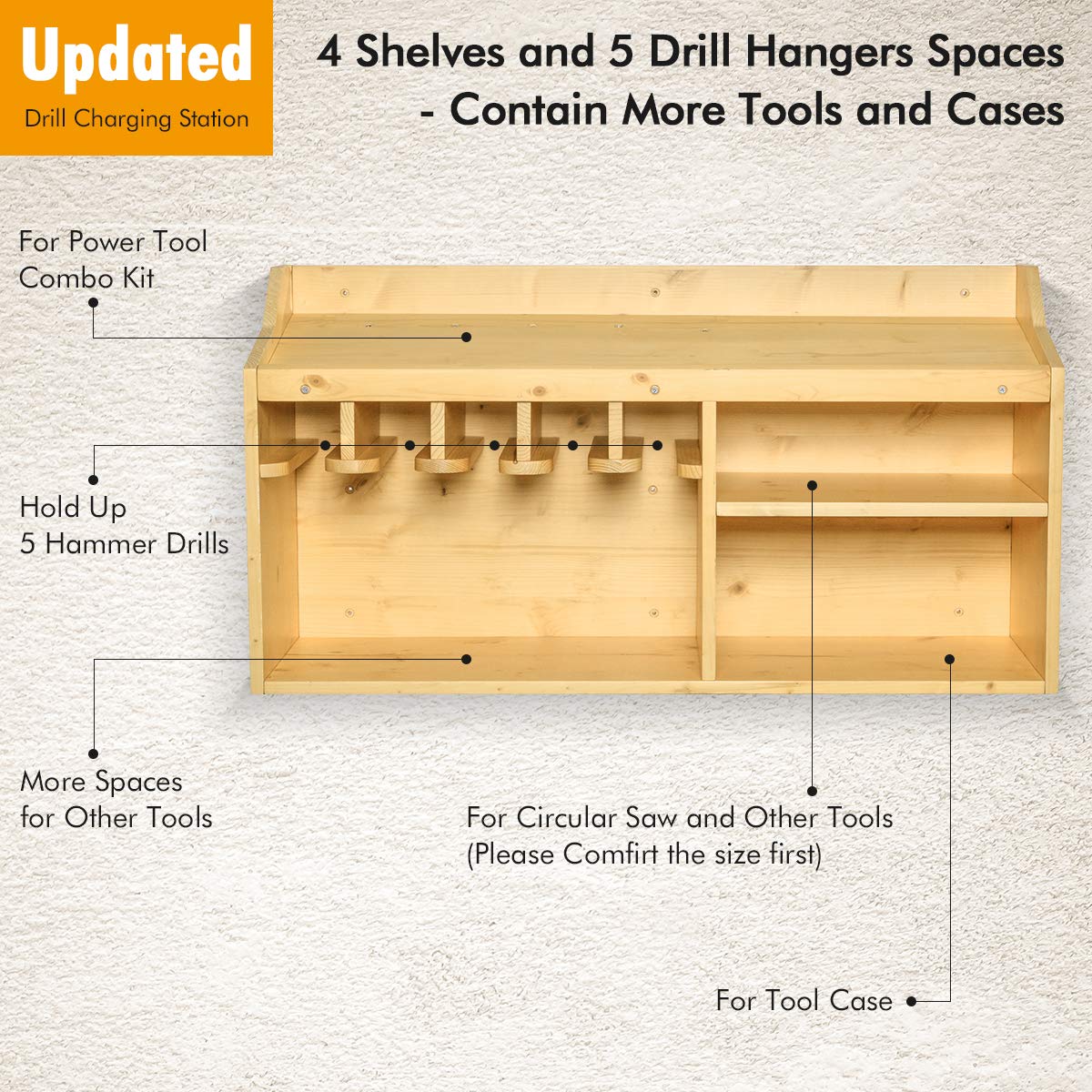 XCSOURCE Power Tool Organizers and Storage Cabinets, Wooden Drill Charging Station, 5 Slots Drill Holder Storage Racks Wall Mount with 3 Shelves for Work Bench, Wrench, Screwdriver, Drills