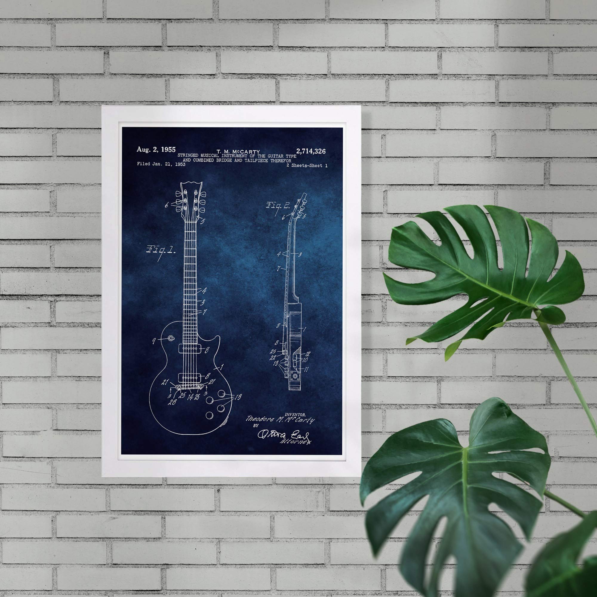 Wynwood Studio Music and Dance Framed Wall Art Prints 'Gibson Les Paul Guitar 1955 Chalkboard' Home Décor, 13" x 19", Blue, White