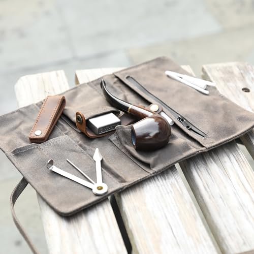 Whitluck's Tobacco Pipe with Waxed Canvas Pipe Roll, Handmade Wood Smoking Pipe with Ultimate Beginner Guide E-Book, Travel Tobacco Pouch - Smoking Gift Set and Accessories