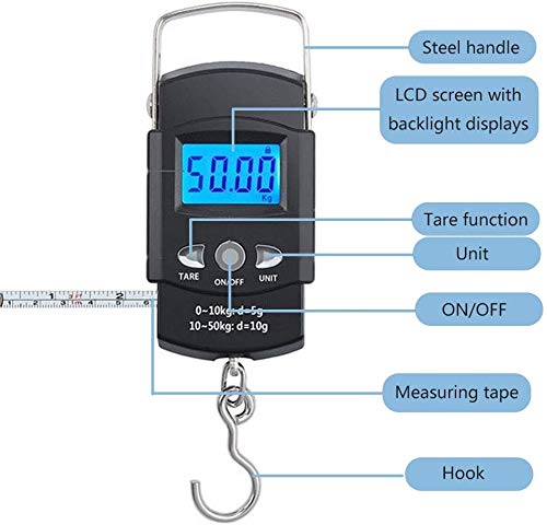 WECHIC Digital Fish Scale 110lb/50kg, Portable Luggage Weight Scale, Electronic Hanging Hook Scale, Fishing Scale with Measuring Tape, Backlit LCD Display