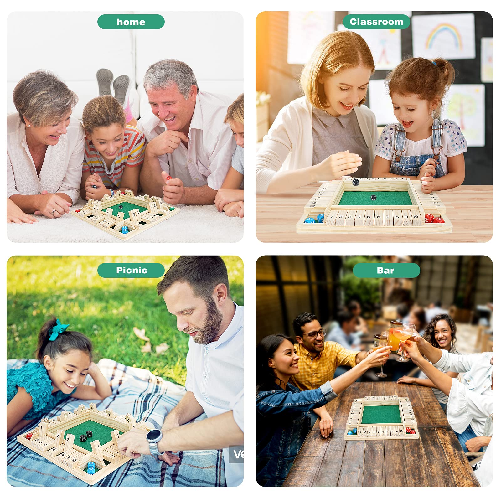 Win SPORTS Shut The Box Dice Game,Wooden Board Table Math Game for 1-4 Players,Classic Family Game with 12 Dices for Kids Adults Pub Classroom or Home(12 Inches)