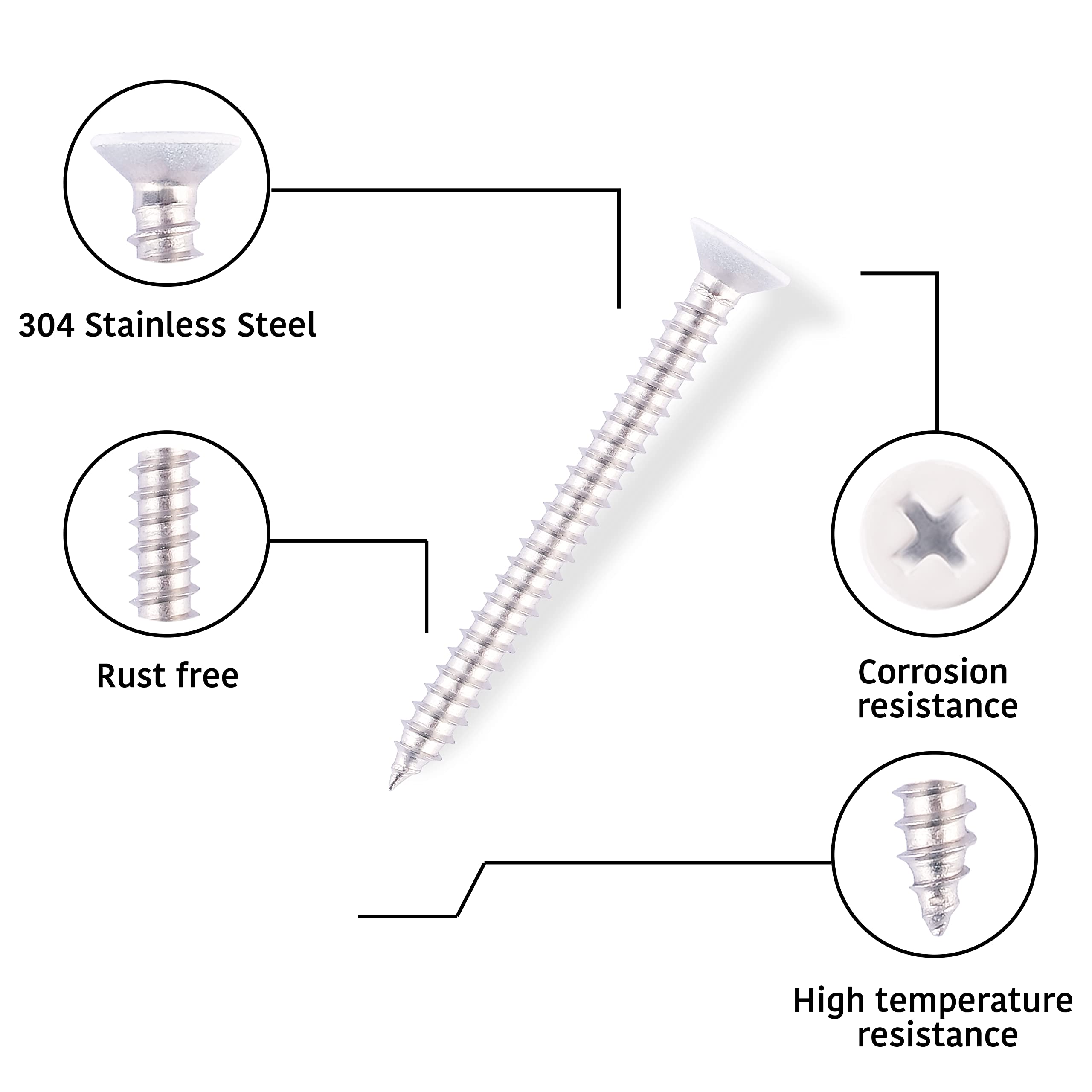 Venforze White Head Wood Screws, 100 PCS #6X1-1/2" Stainless Steel Phillips Flat Head,Stainless Steel 304 Screw,Home Screw Kit