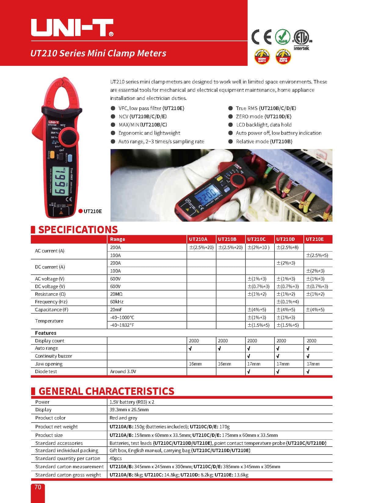 UNI-T UT210B True RMS 200A AC Mini Clamp Meters Ammeter NCV Test Professional Multimeter Digitais LCD Backlight MAX MIN