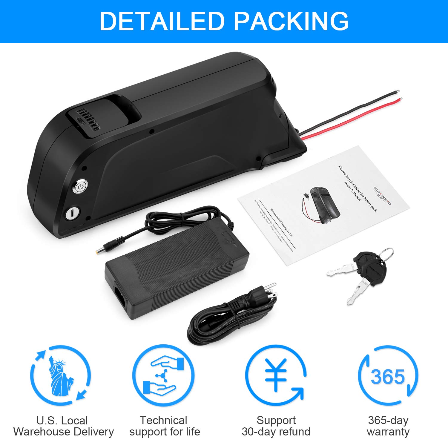 Sunbond EBike Battery 48V 11.6AH Lithium ion Rechargeable Battery with USB Port (Black), with Charger, Electric Bicycle Battery Pack Electric Bicycle Battery, Motorcycle Bicycle Batteries