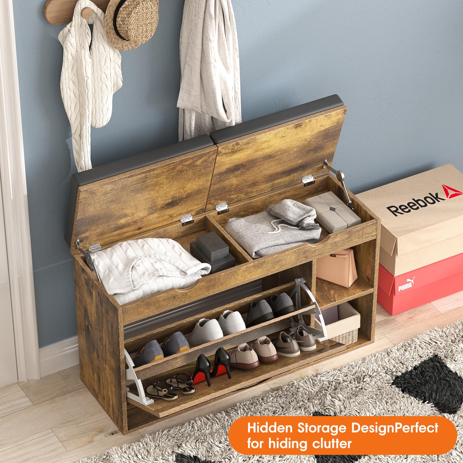 Vabches Shoe Storage Bench with Flip Drawer, Entryway Bench with 2 Lift Top Storage Boxes, Adjustable Shelf, Narrow Shoe Rack Shoe Cabinet for Entryway Slim, Living Room, Bedroom, Mudroom,Rustic Brown