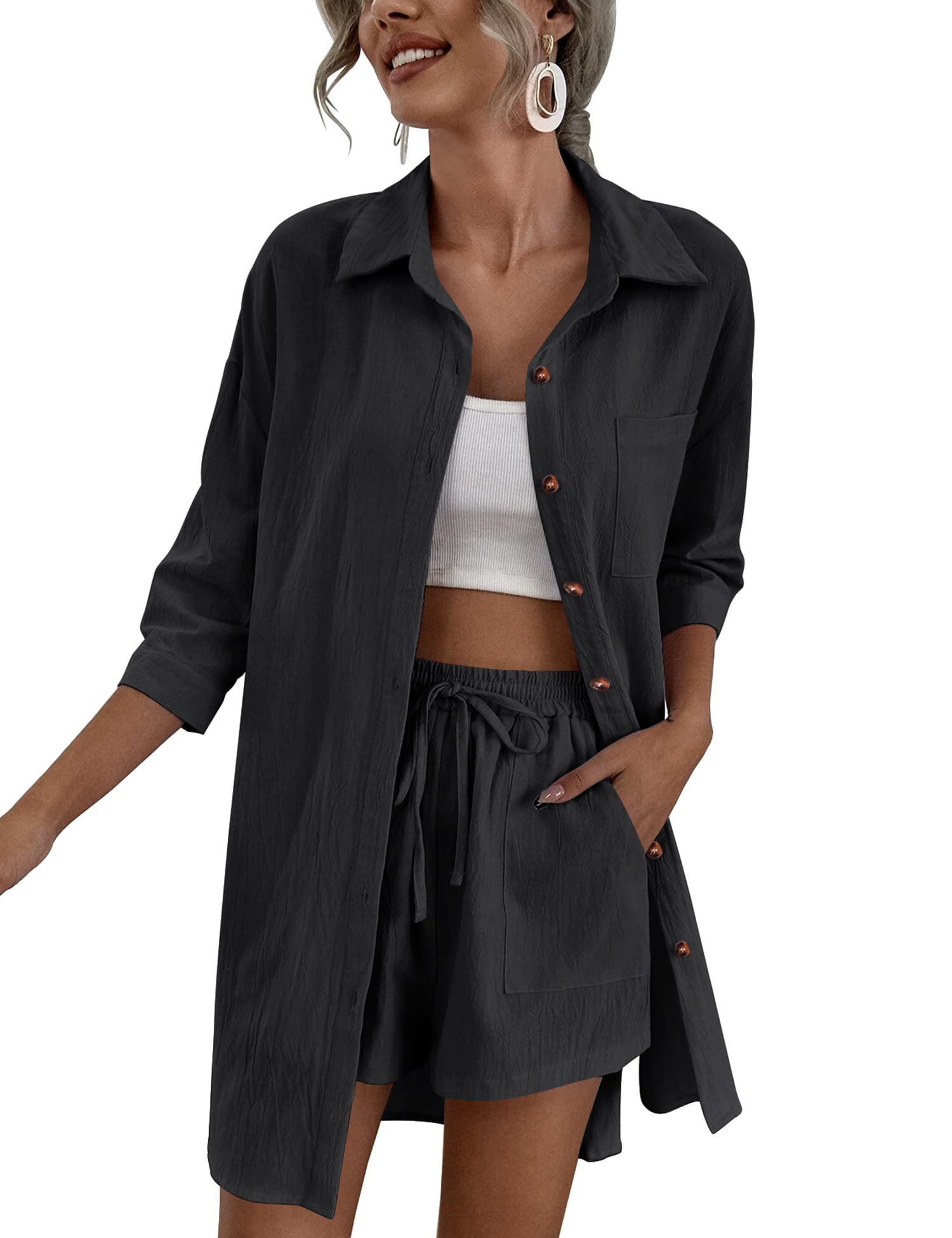 Zeagoo Womens Coordinated Outfit Summer Longe Two Pieces Tracksuit Button-Down Shirt and High Waisted Shorts Set, 04_black, Medium