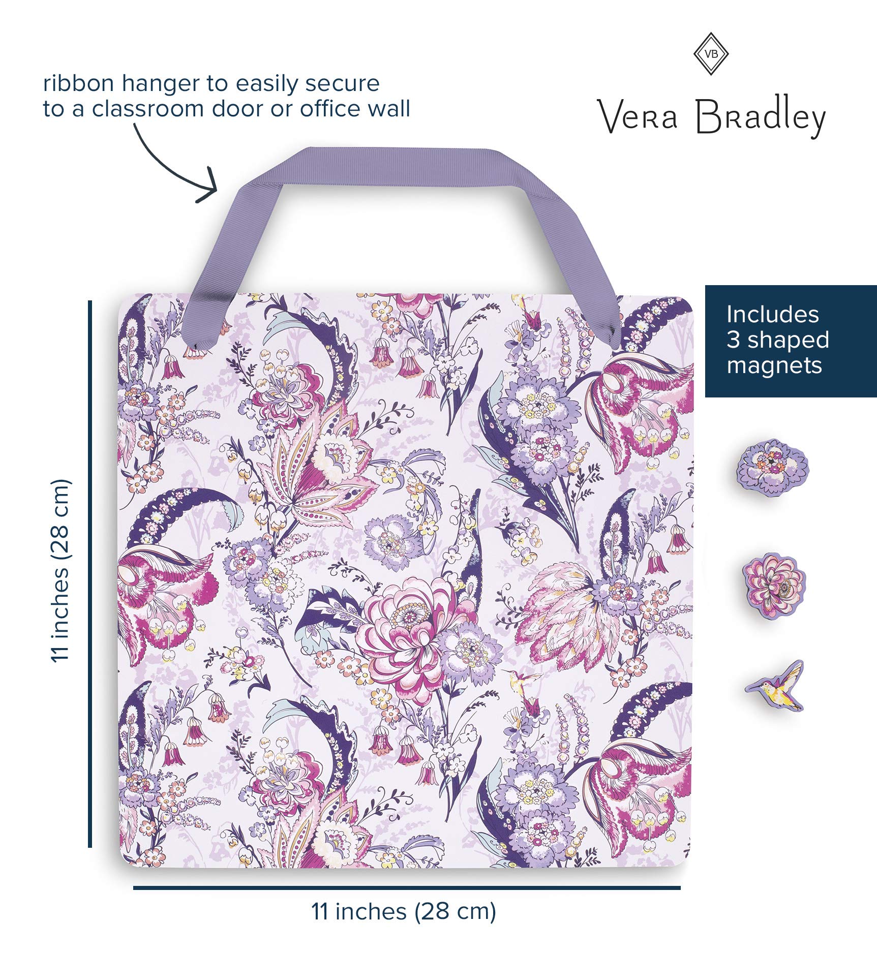 Vera Bradley Hanging Pink Floral Magnetic Memo Board with 3 Shaped Magnets for Home/Office/Dorm/Kitchen, Hummingbird Park