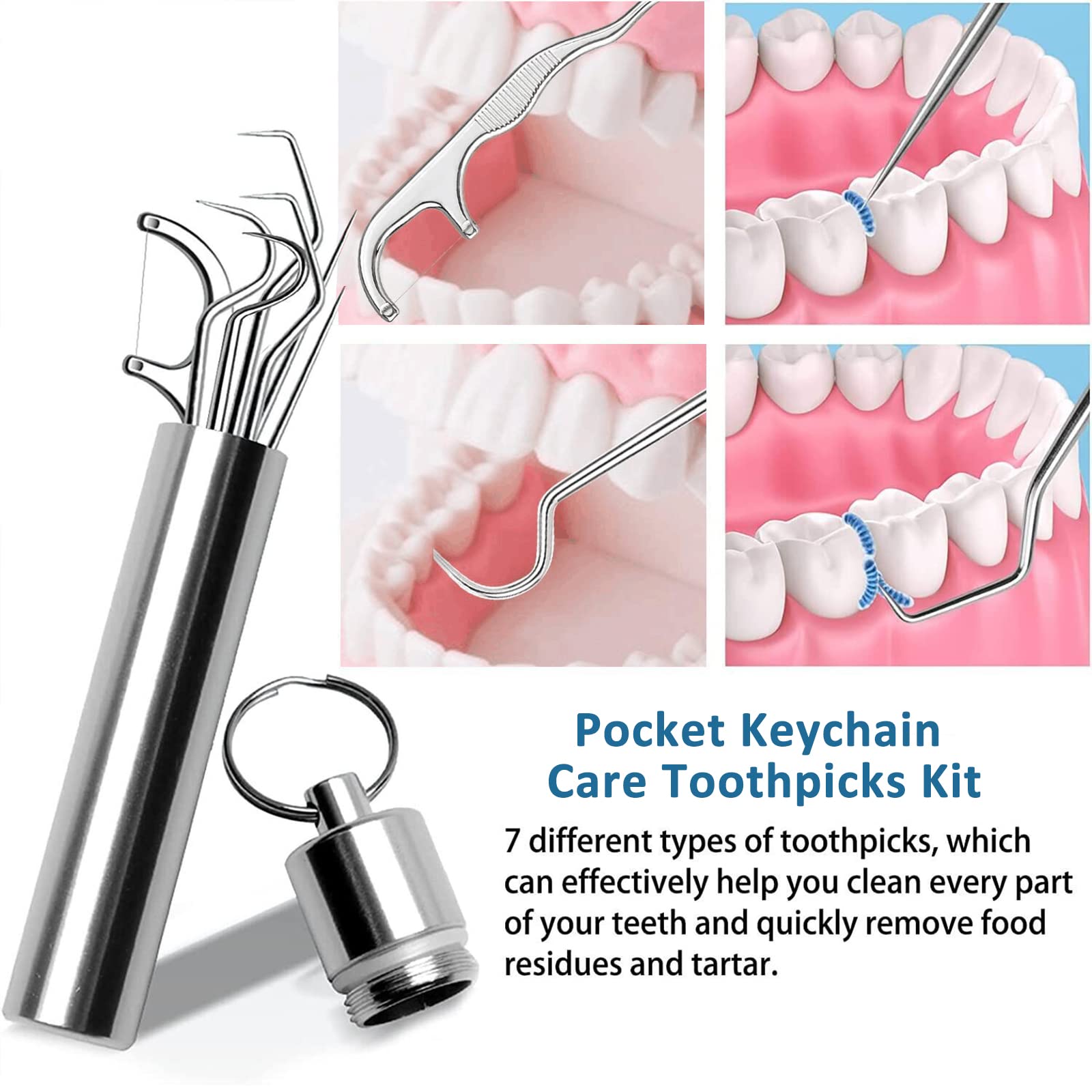 ZHENROAD 2 Set 7Pcs Portable Stainless Steel Toothpicks Pocket Set, Reusable Metal Toothpicks Rooth Cleaning Kit with Holder for Outdoor Picnic Camping Traveling