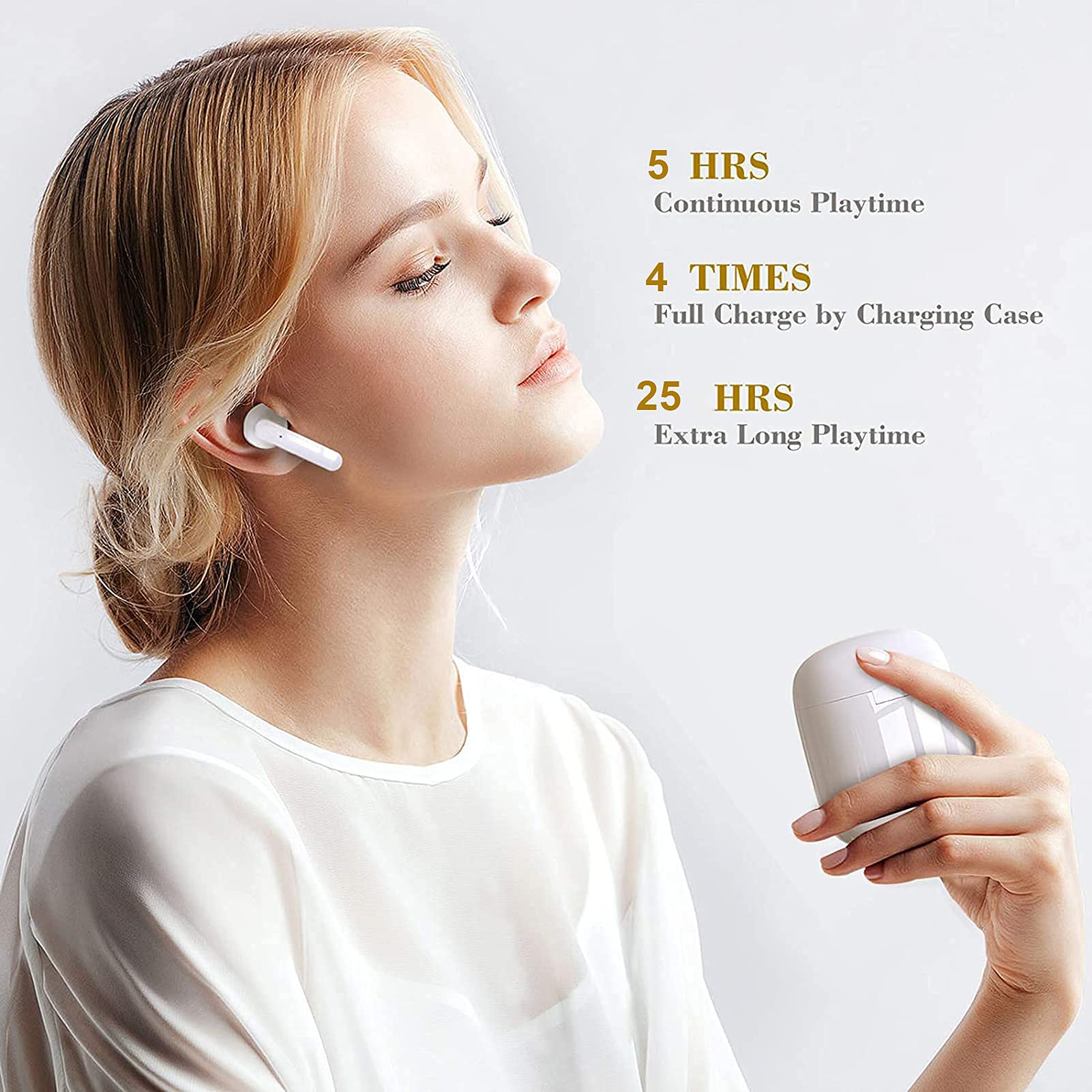 Wireless Earbuds Bluetooth 5.0 Headphones with Charging Case, IPX8 Waterproof, 3D Stereo Air Buds in-Ear Ear Buds Built-in Mic, Open Lid Auto Pairing for Android/Samsung/Apple iPhone (White)