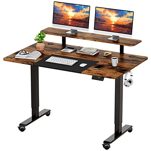 WOKA 55 x 28 Inch Electric Standing Desk with Wheels, Height Adjustable Stand up Desk with a Monitor Stand Riser, Standing Computer Desk with Memory Controllers, Adjustable Desks for Home Office
