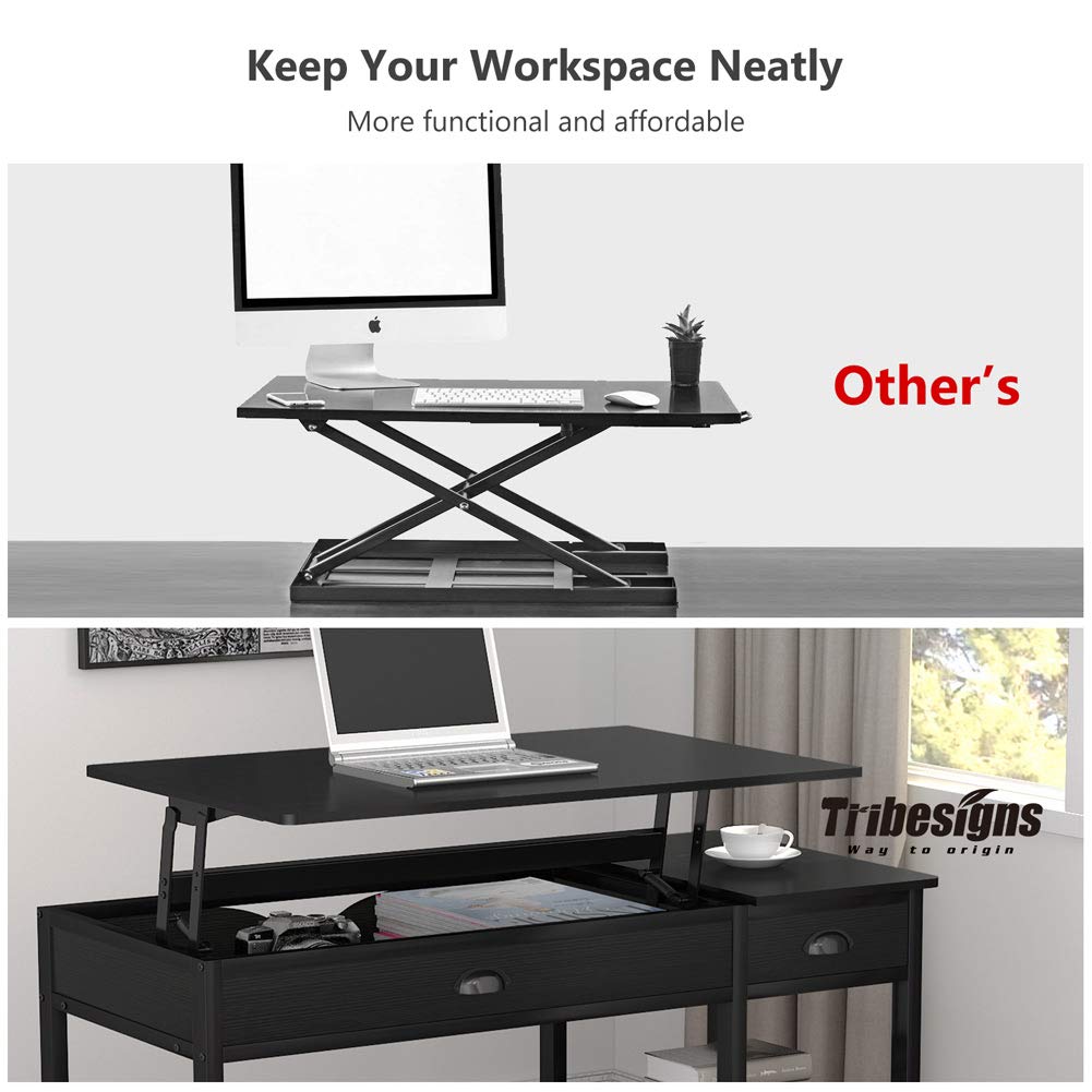 Tribesigns Modern Lift Top Computer Desk with Drawers, 47 inch Writing Desk Study Table Workstation with Storage Shelves, Height Adjustable Standing Desk for Home Office, Small Spaces(Black)