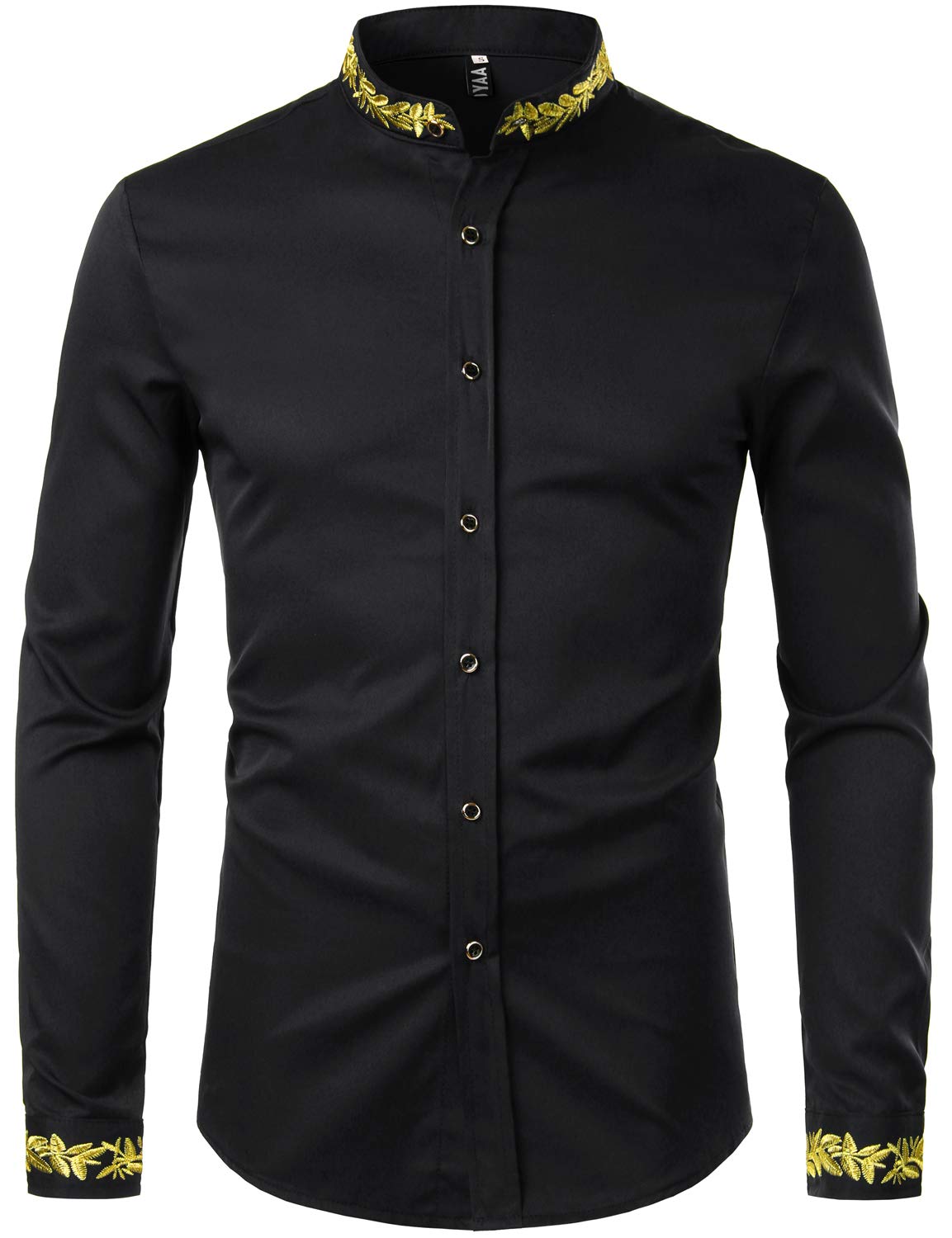 ZEROYAA Men's Luxury Gold Embroidery Design Slim Fit Long Sleeve Button Up Dress Shirts ZHCL44-Black Medium