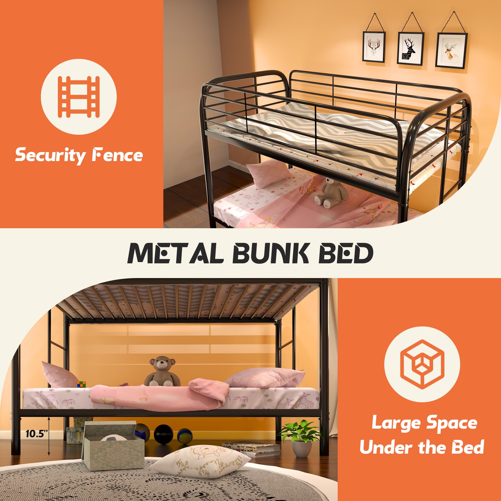 SUXXAN Bunk Bed Twin-Over-Full Size with Frame and Ladder, Metal Bunk Bed with Space-Saving Design, Low Loft Design, for Teens & Adults/No Box Spring Needed