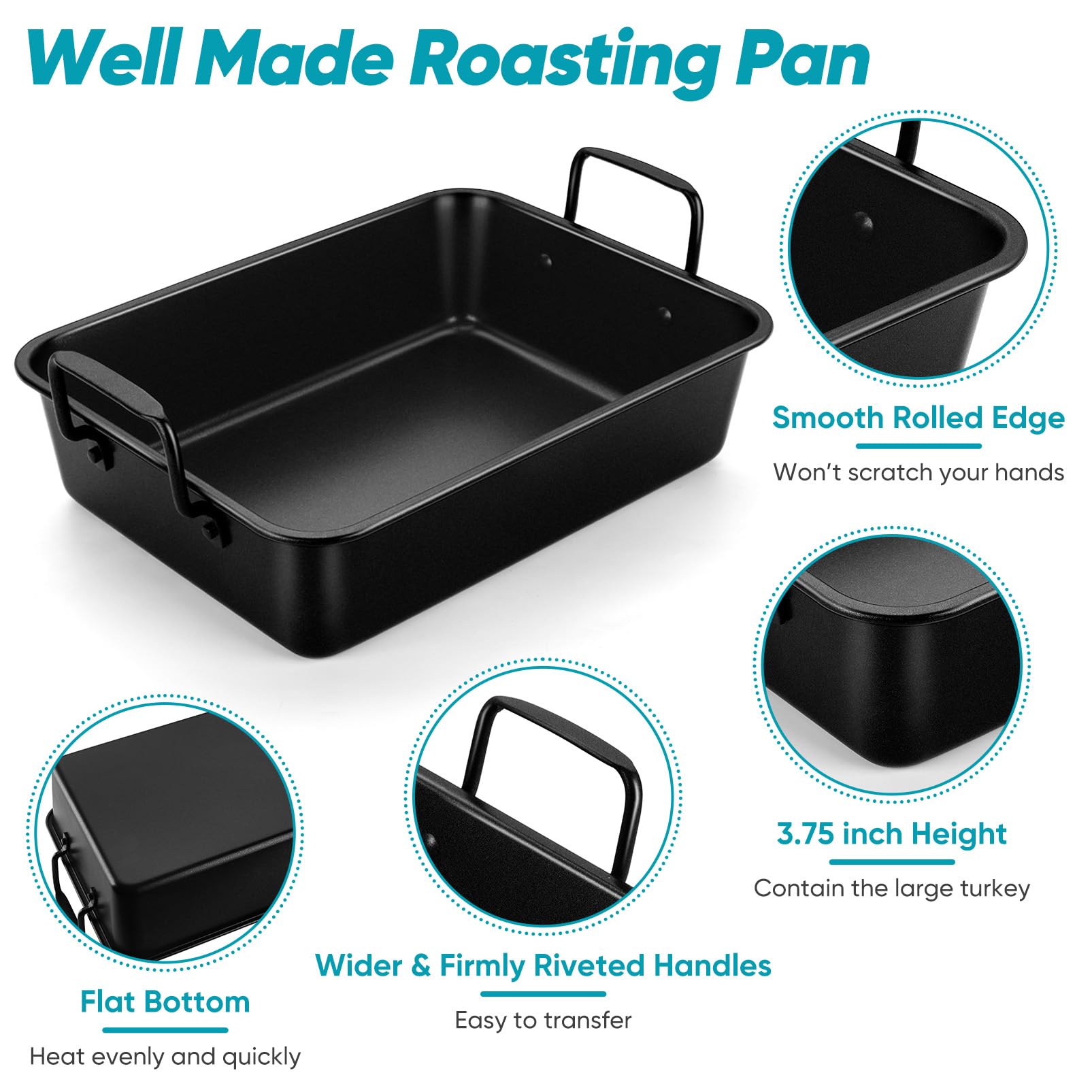 TeamFar Roasting Pan, 15ββ Nonstick Deep Lasagna Brownie Turkey Pan with V-Shaped Rack & Cooling Rack, with Stainless Steel Core & Nonstick Coating, Healthy & Sturdy Handles, Easy to Clean, Set of 3