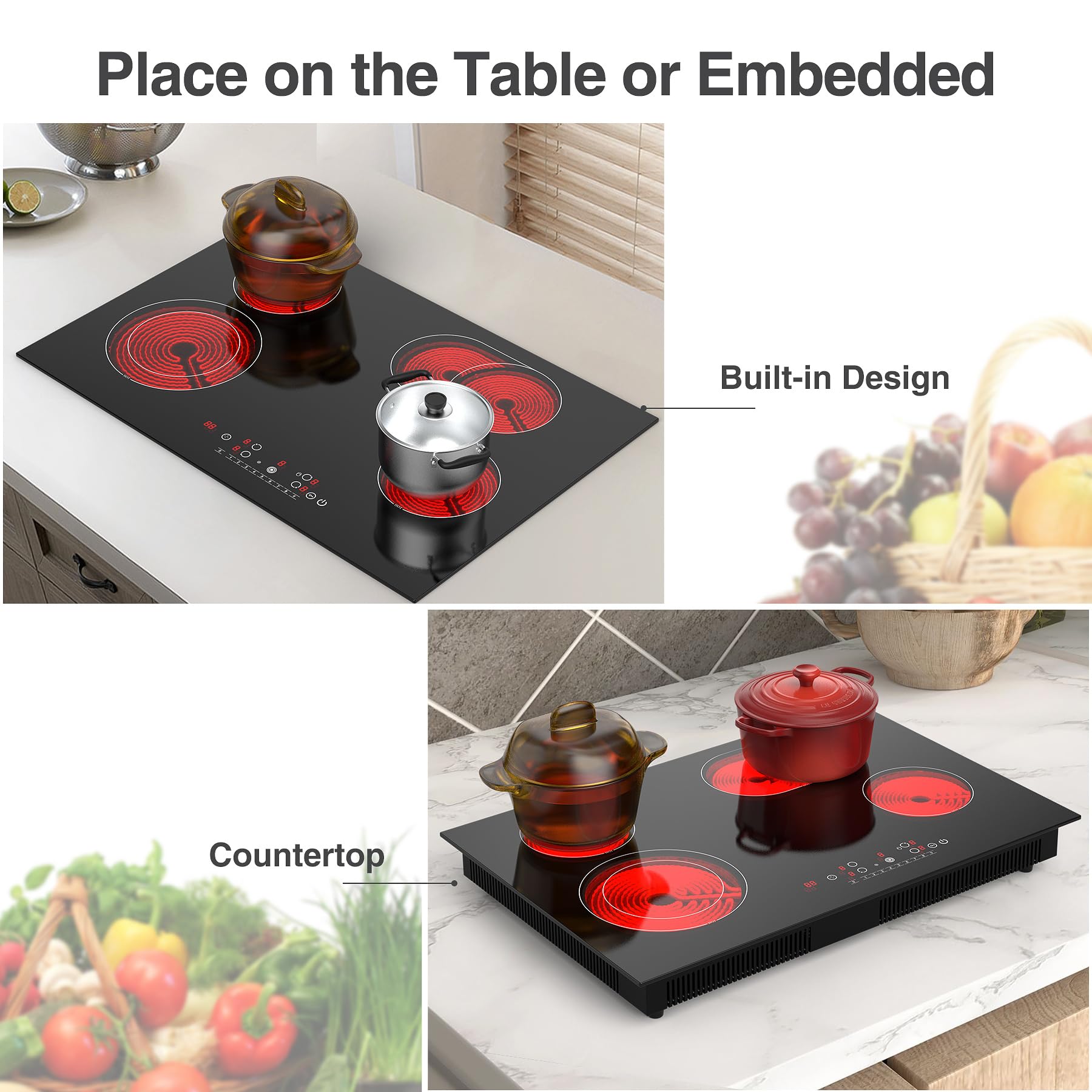 VBGK Electric cooktop 30 inch,240V 7200W Electric Stove 4 burner,Built-in and Countertop Electric Stove Top, LED Touch Screen,9 Heating Level, Timer & Kid Safety Lock, Touch Control