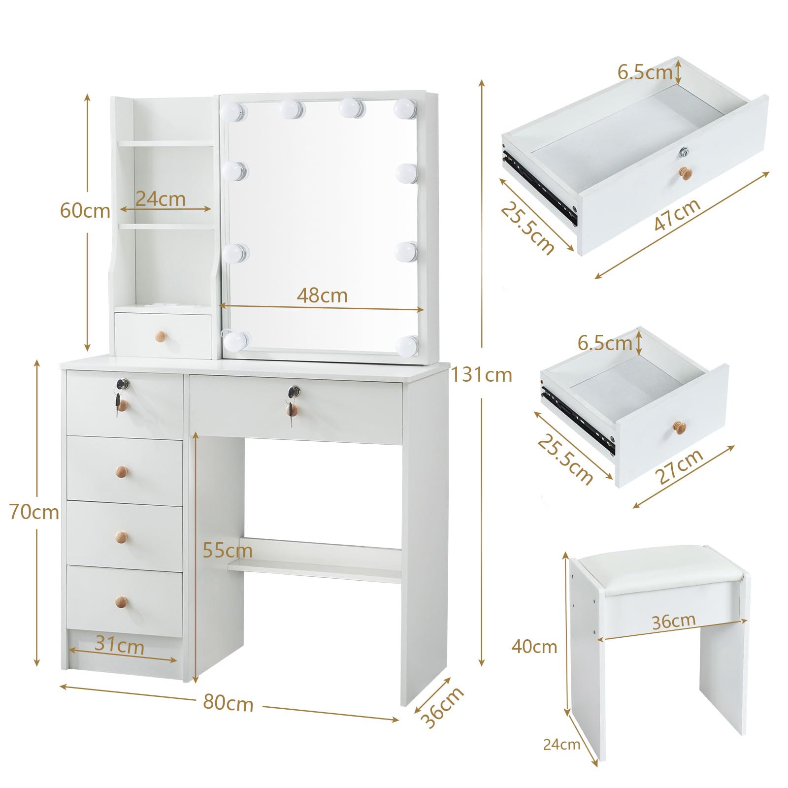 Vanity Table with Mirror and Lights, Power Outlet, Vanity with Chair and 5 Drawers for Girls, Modern Makeup Dressing Table with Hidden Storage, White