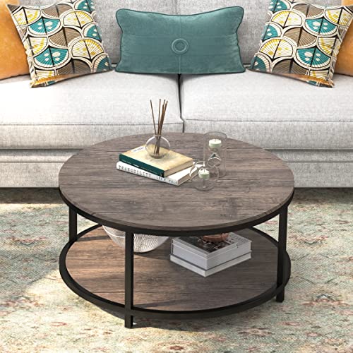 WiberWi Round Coffee Table 35.8" Rustic Vintage Industrial Design Furniture Sturdy Metal Frame Legs Sofa Table Cocktail Table with Storage Open Shelf for Living Room, Easy Assembly, Gray Brown1