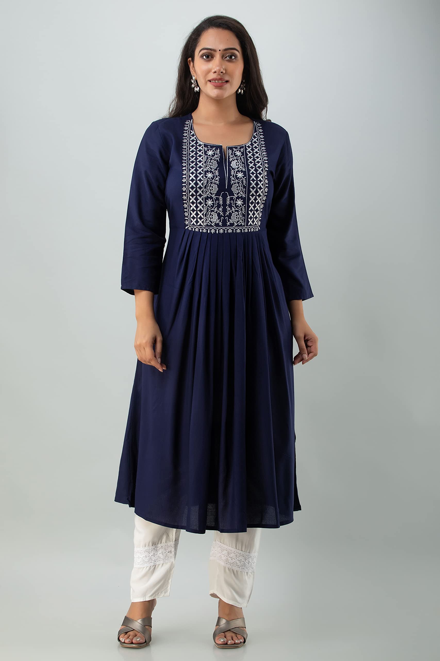 Women's Rayon Printed Anarkali Kurti With Palazzo (Blue, Small)