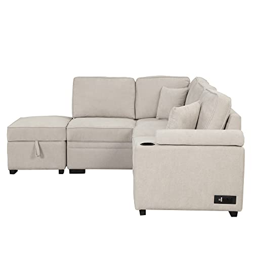 Verfur 87.4" Reversible Sleeper Sofa Bed, 2 in 1 Convertible Pull Out Sofabed with Cupholder, L Shaped Corner Couch with Storage Ottoman for Living Room,Bedroom and Small Apartment