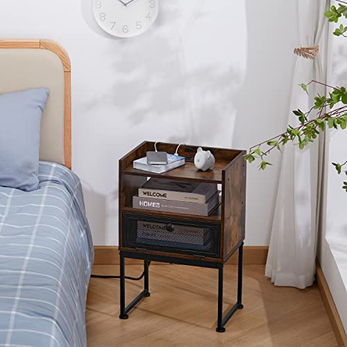ZEXVIDA Nightstand with Charging Station for Small Space, Record Player Stand, Small End Table Sofa Side Table for Small Place Living Room Bedroom Apartment Reception, Rustic Brown