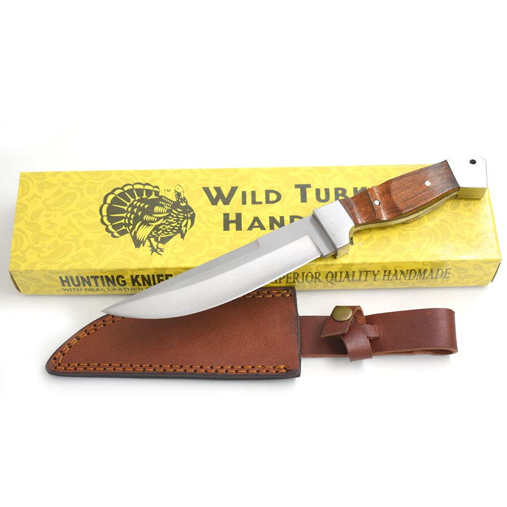 Wild Turkey Handmade Collection Heavy Duty Wood Handle Hunting Knife | Stainless Steel Blade | Genuine Leather Sheath Included