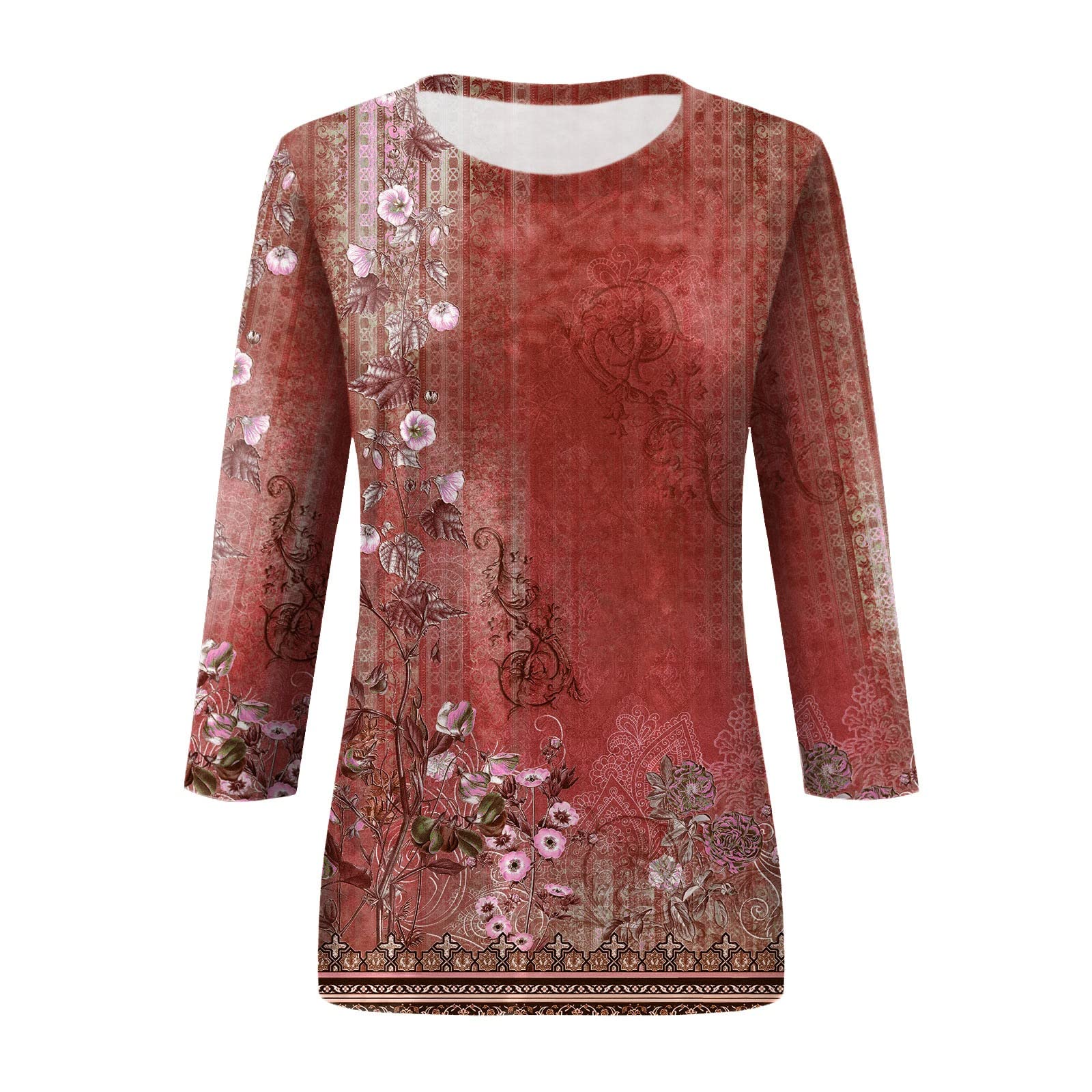 Womens Fall Tops,Fall Fashion Womens Shirts Womens Fall Fashion 2023 Womens 3/4 Sleeve Tops Crewneck Cute Retro Printing Loose Novelty Pullover Blouse Vintage Printed Womens Pullover Wine,M