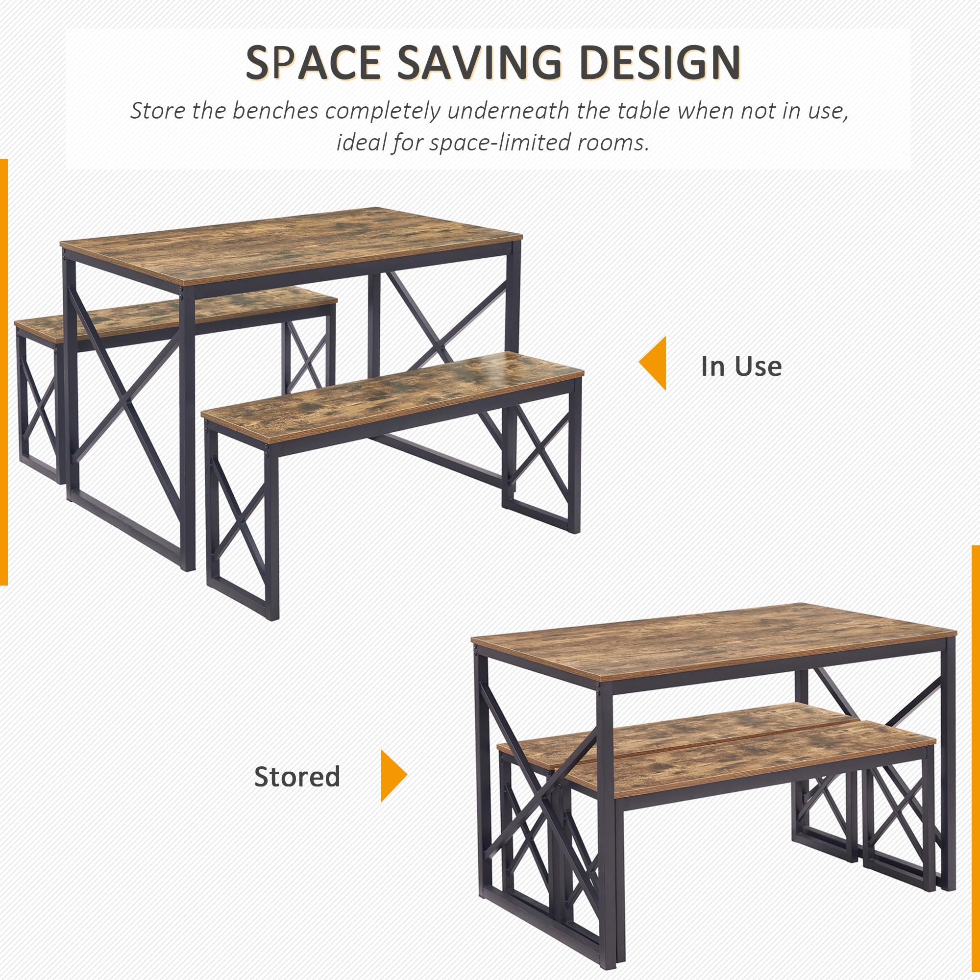 VECELO 43.3 Inch Dining Table Set for 4, Rectangle Dinner Breakfast Dinette with 2 Benches, Thickened Metal Frame & Board, for Kitchen, Living Room, and Small Space, 43.3", Rustic Brown