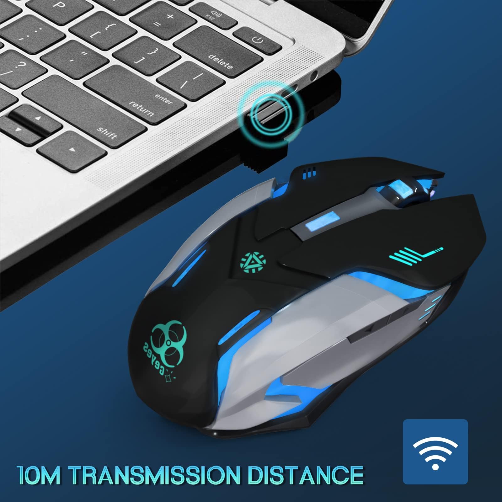 VEGCOO Wireless Gaming Mouse, Silent Click Wireless Mouse, Rechargeable Computer Mice with Colorful RGB LED Lights and 2400/1600/1000 Adjustable DPI for Laptop and Desktop (C8 Black)
