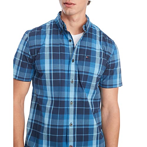 Tommy Hilfiger Men's Short Sleeve Casual Button Down Shirt in Regular Fit, Carbon Navy